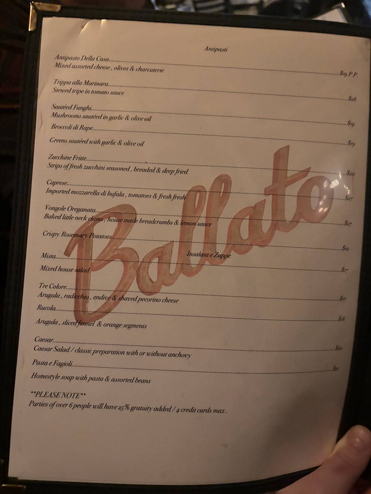 Menu at Emilio's Ballato restaurant, New York City