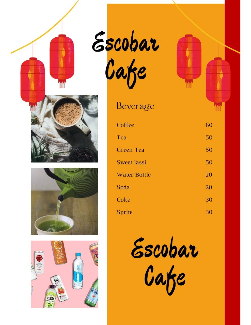 Menu at Escobar Cafe, Bengaluru