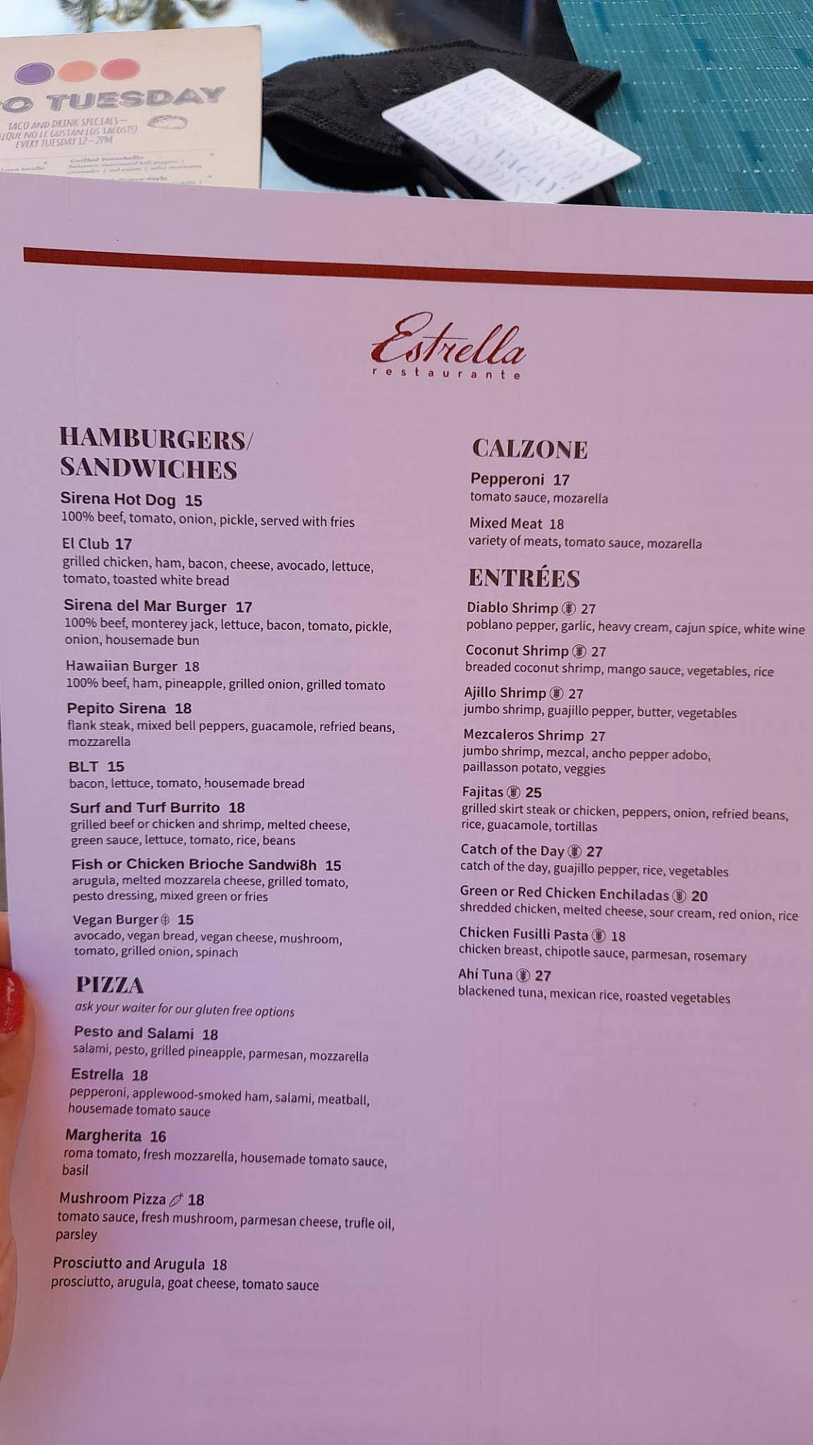 Menu at Estrella restaurant, Cabo Bello