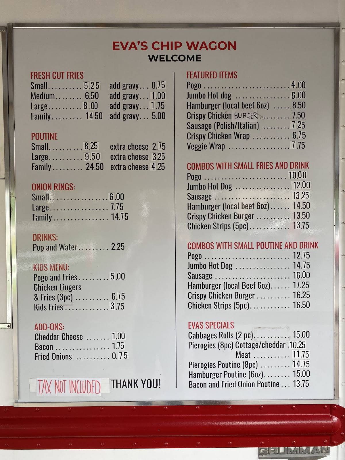 Menu at Eva's Chip Wagon restaurant, Ottawa