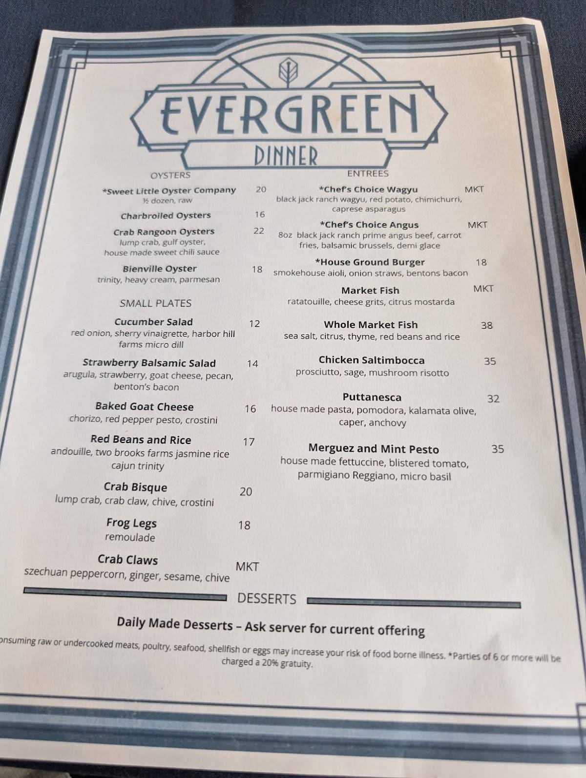 Menu at Evergreen Steak and Oysters restaurant, Ocean Springs