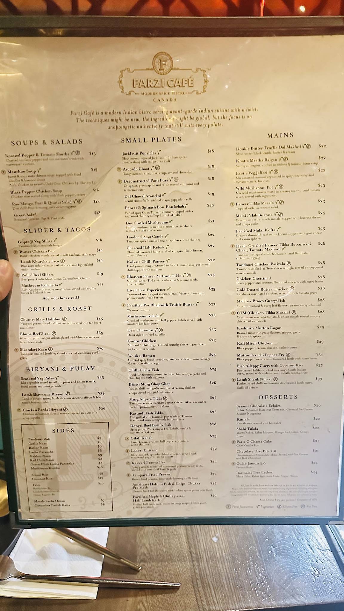 Carta de Farzi Cafe Modern Spice Bistro, Mississauga