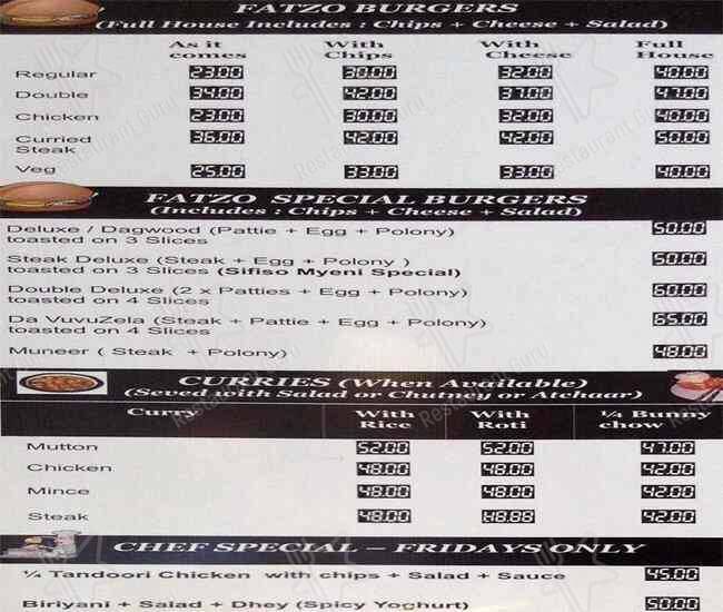 Menu at Fateema's Halaal Foods restaurant, Johannesburg