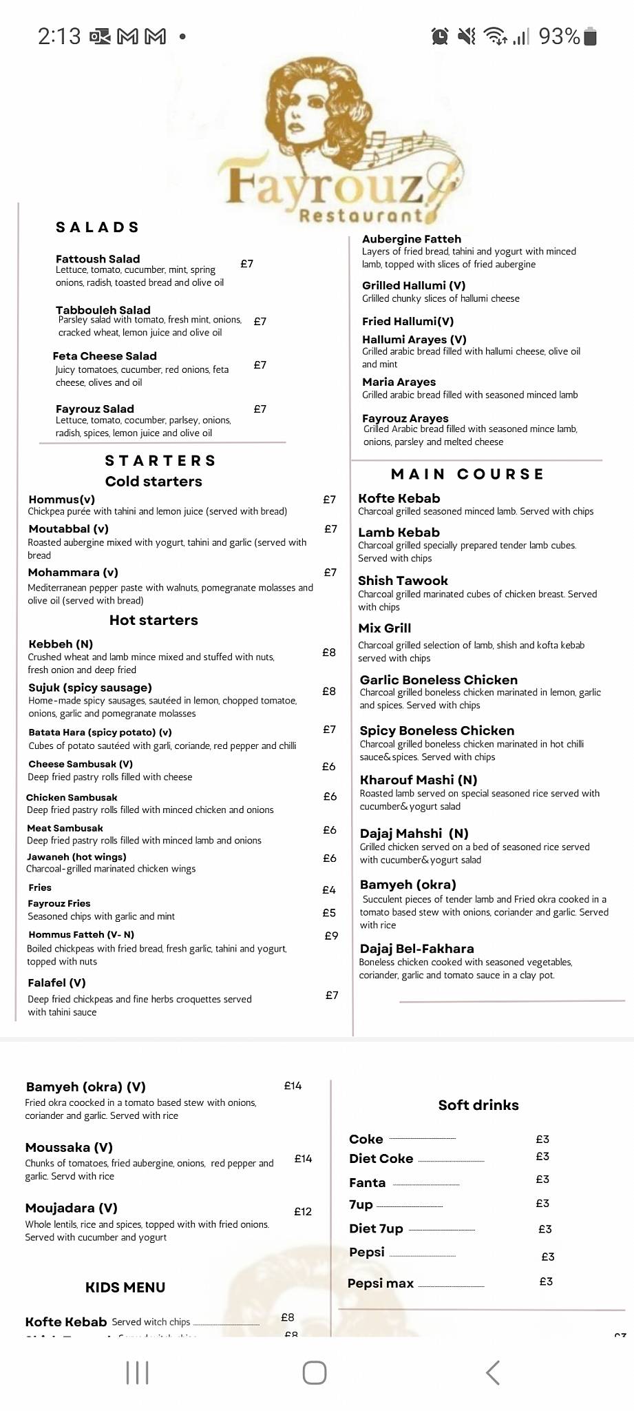 Menu at Fayrouz Restaurant, Manchester, 200 Yewtree Ln