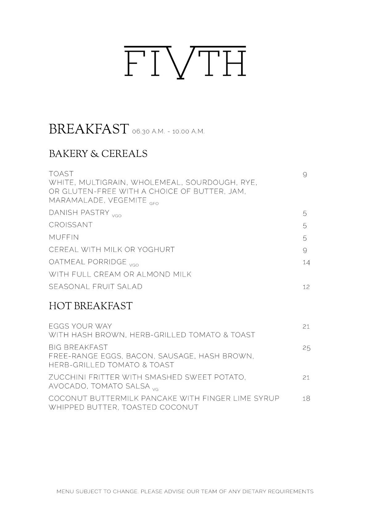 Menu at Fifth Restaurant, Southbank