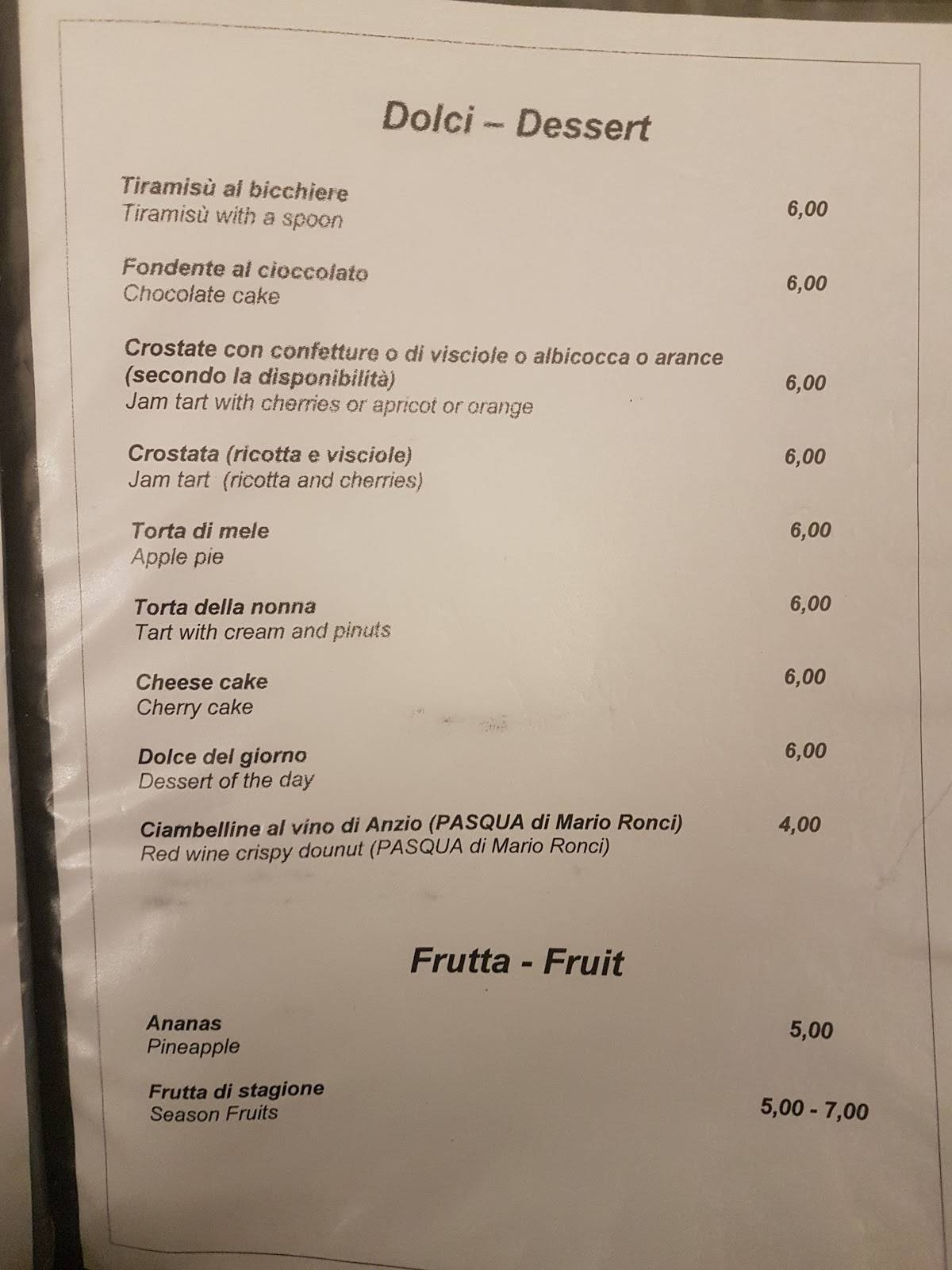 Menu at Flavio al Velavevodetto restaurant, Rome