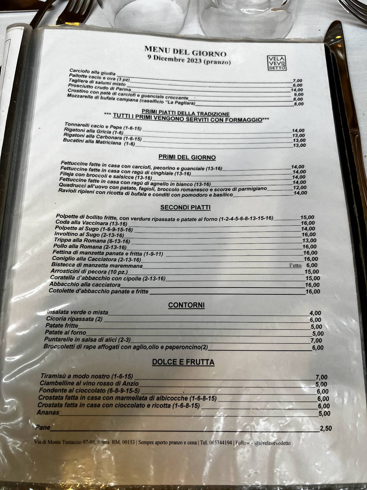 Menu at Flavio al Velavevodetto restaurant, Rome