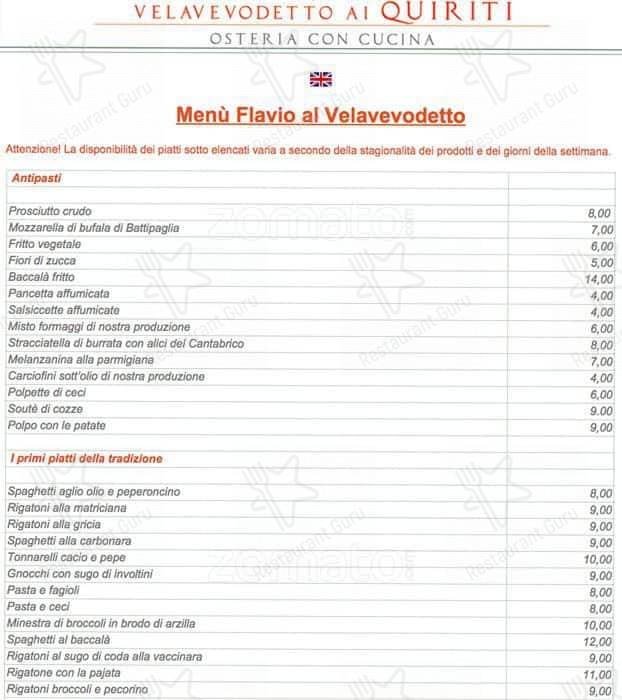 Menu at Flavio al Velavevodetto restaurant, Rome