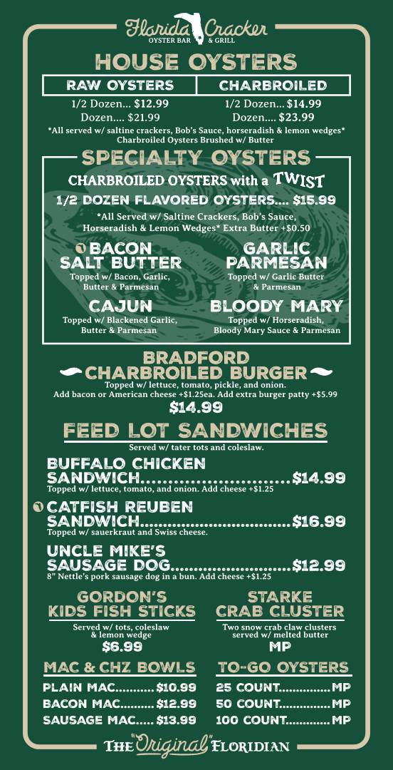 Menu at Florida Cracker Oyster Bar & Grill, Keystone Heights