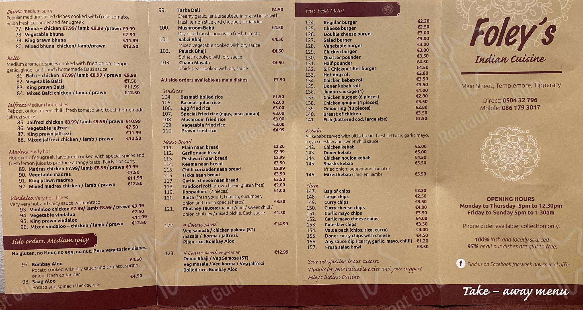 Menu at Foley's Indian Cuisine restaurant, Templemore