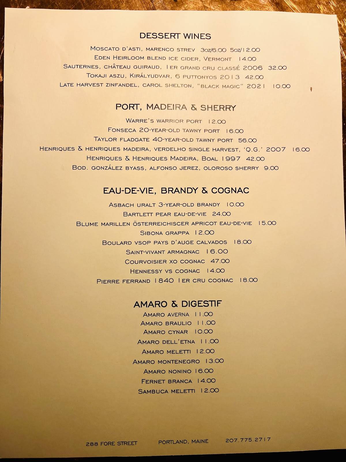 Menu at Fore Street Restaurant, Portland