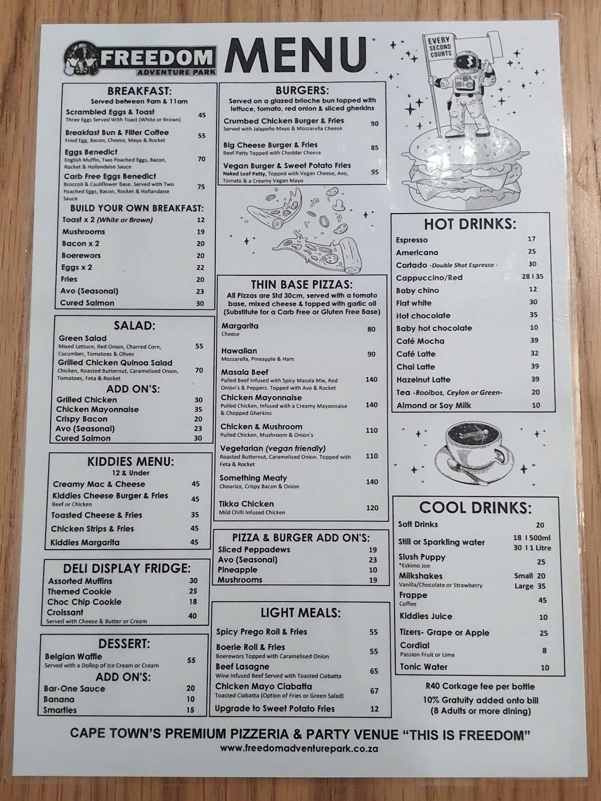 Menu at Freedom Adventure Park restaurant, Cape Town