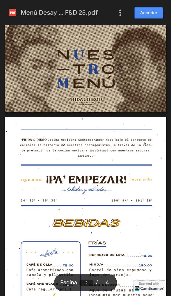Carta de Frida y Diego Restaurante Mexicano, Saltillo