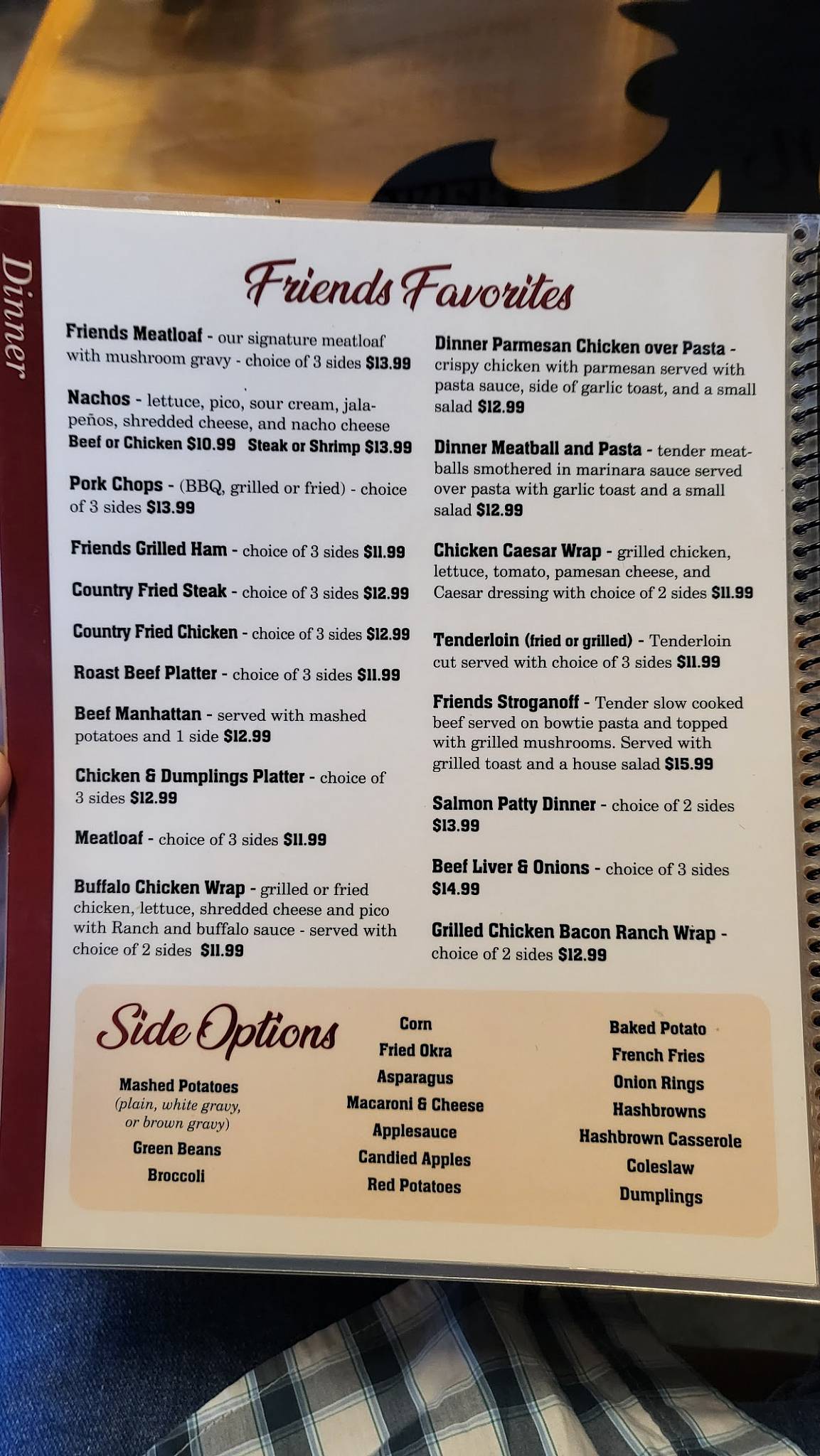 Menu at Friend's Diner restaurant, Whiteland