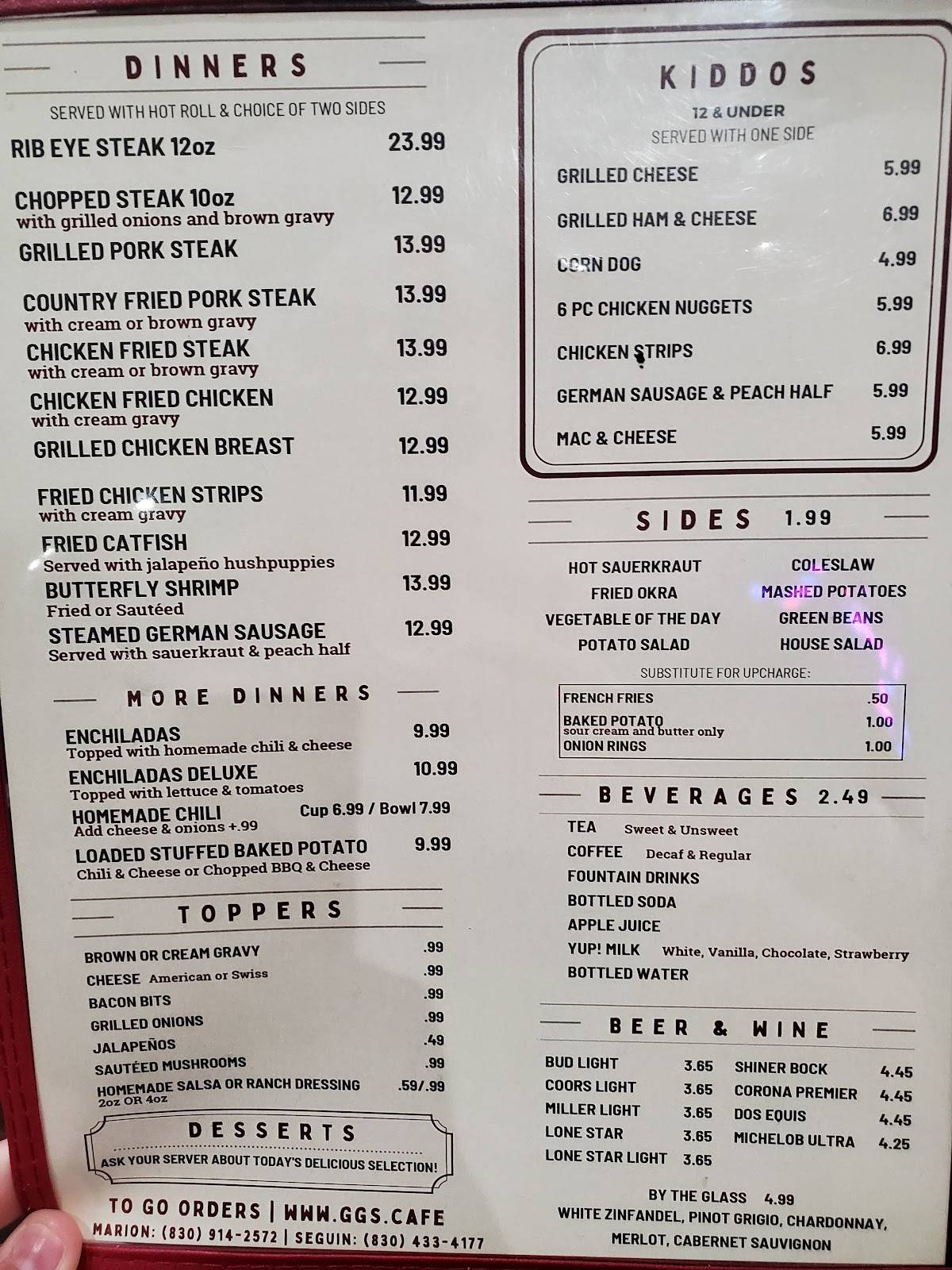Menu at Gg's Cafe, Seguin