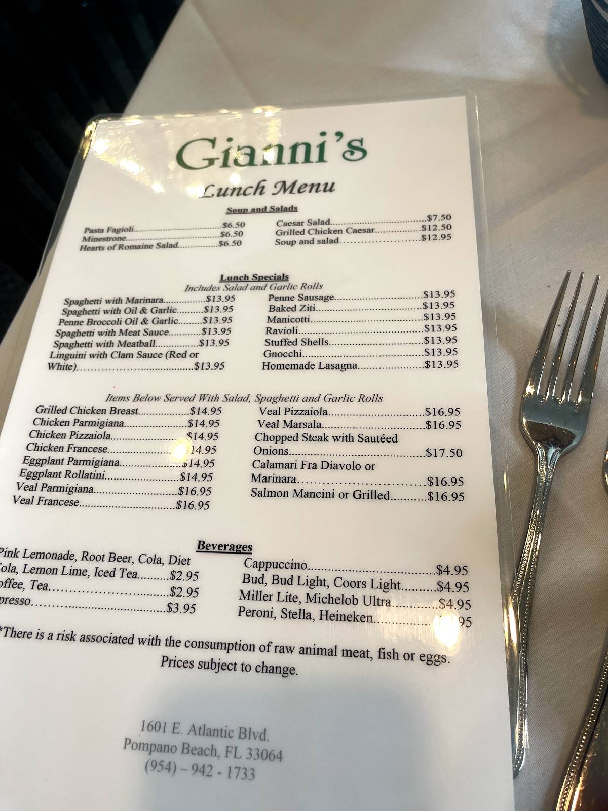 Menu at Gianni's restaurant, Pompano Beach