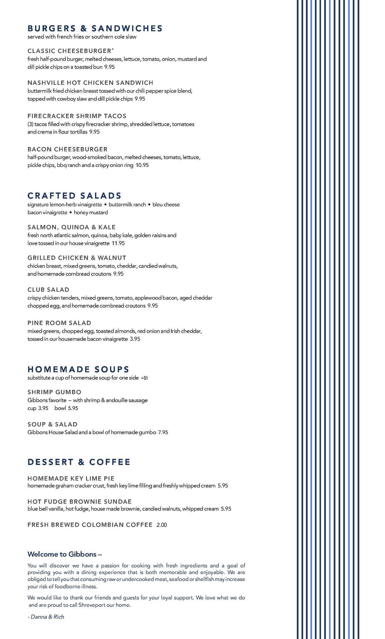 Menu at Gibbons Fine Grill restaurant, Shreveport