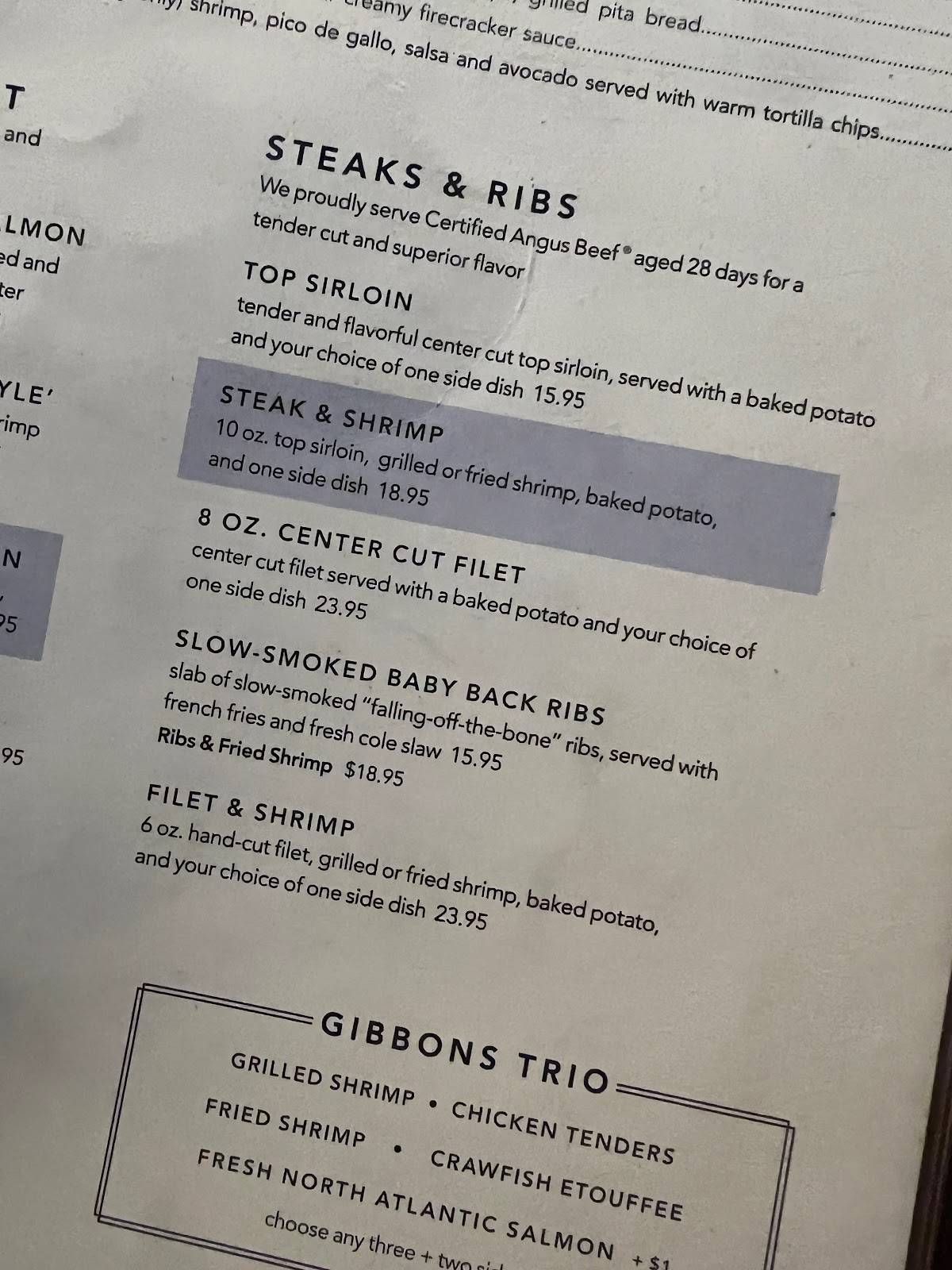 Menu at Gibbons Fine Grill restaurant, Shreveport
