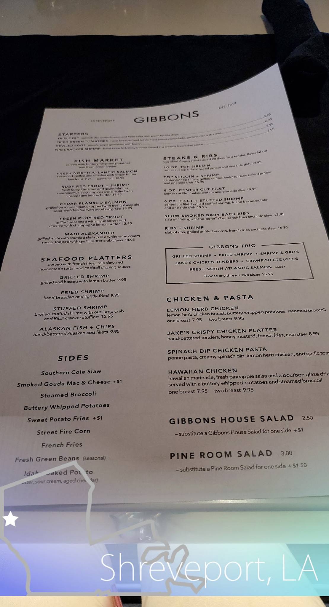 Menu at Gibbons Fine Grill restaurant, Shreveport
