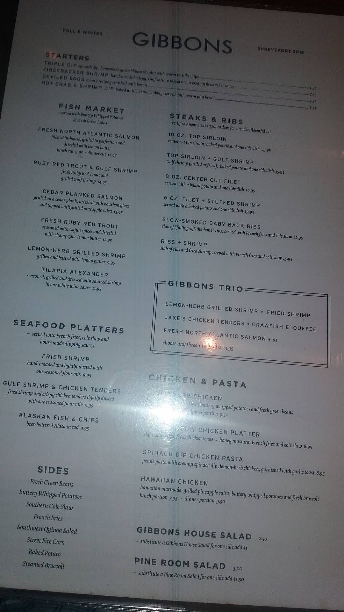 Menu at Gibbons Fine Grill restaurant, Shreveport