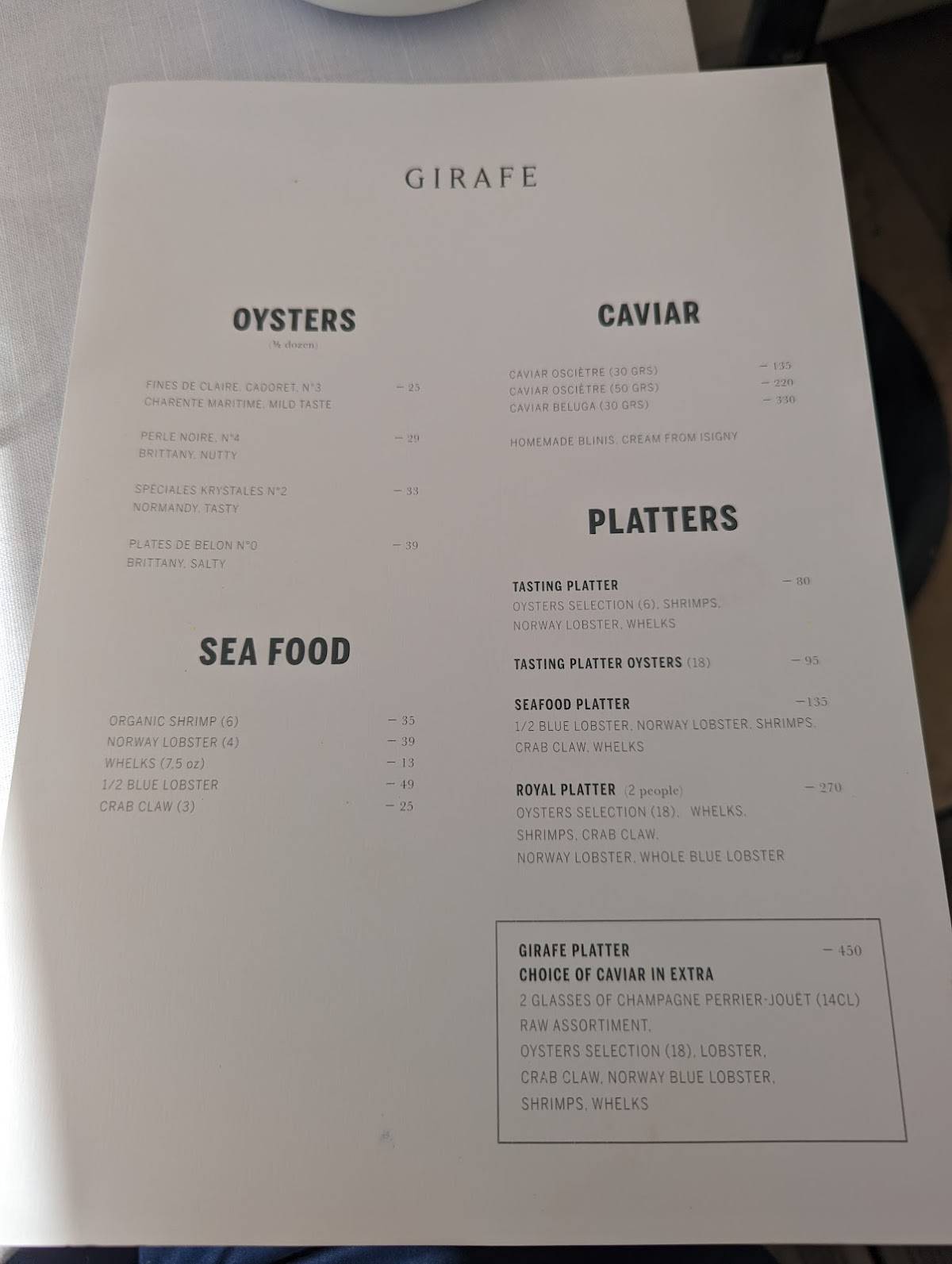 Menu at Girafe Restaurant, Paris