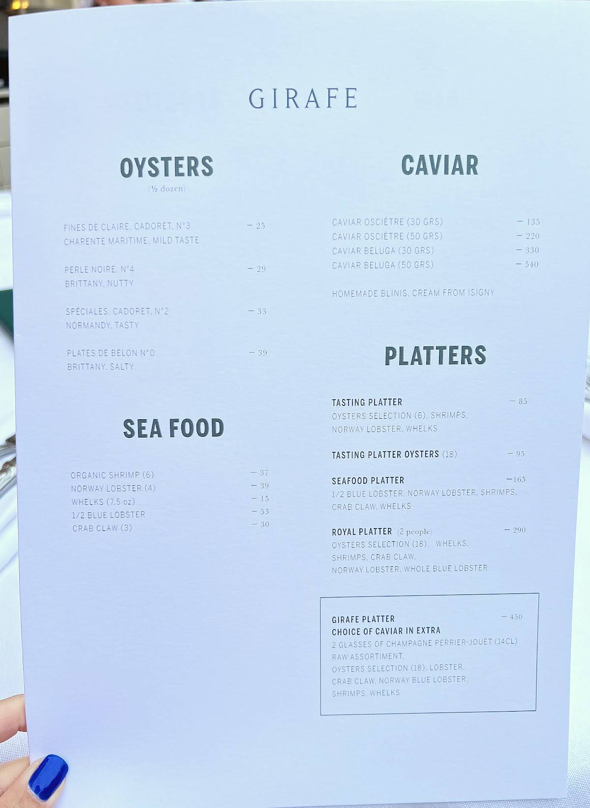Menu at Girafe Restaurant, Paris