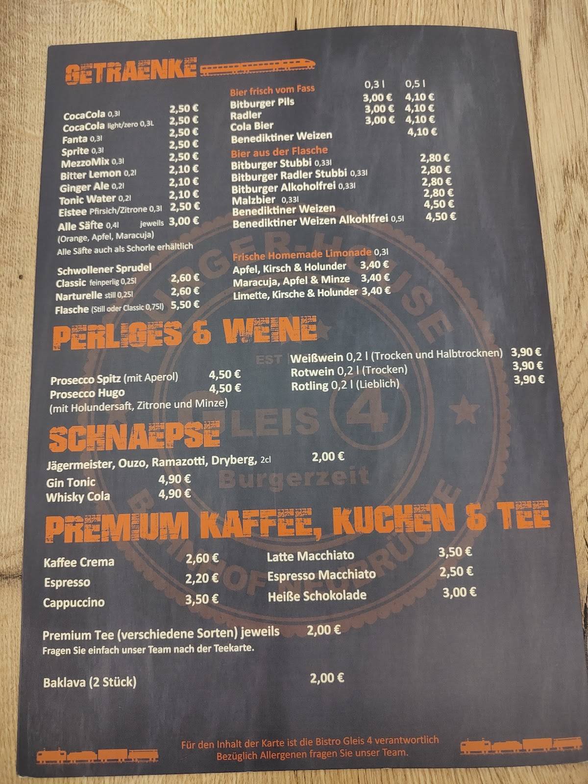 Speisekarte von Gleis4 restaurant, Hoppstädten-Weiersbach