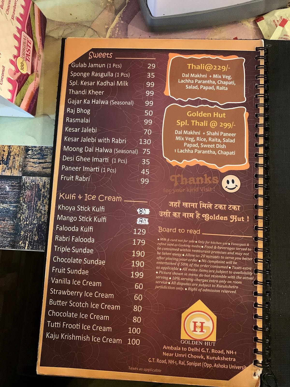 Menu at Dhaba In Derabassi Golden Hut, Gholu Majra