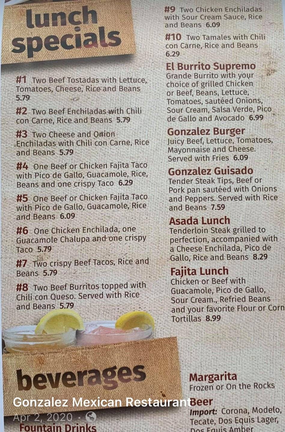 Menu at Gonzalez Mexican Restaurant, Tishomingo, 110 N Kemp Ave