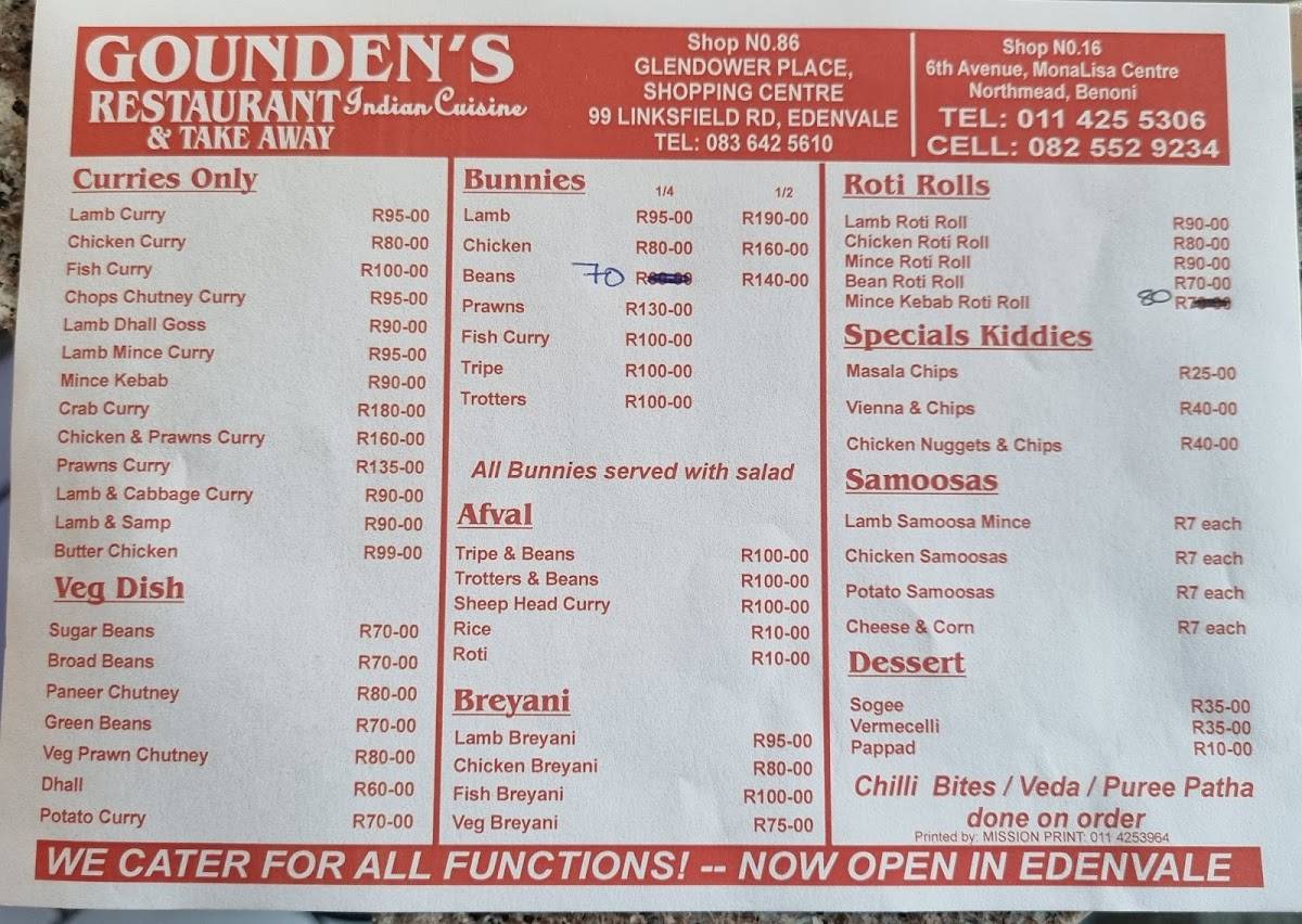 Menu at Gounden's Restaurant & Take Away, Benoni, 16