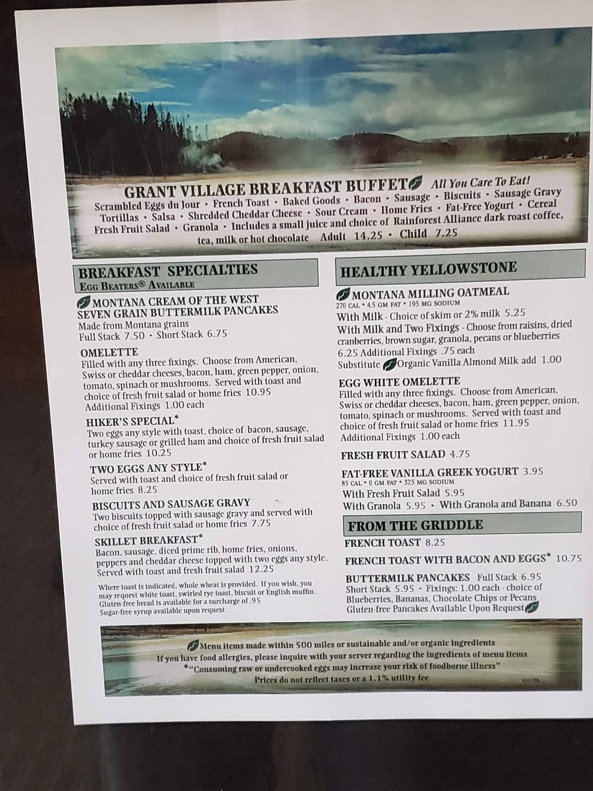 Menu at Grant Village Dining Room restaurant, USA, 550 Sculpin Ln