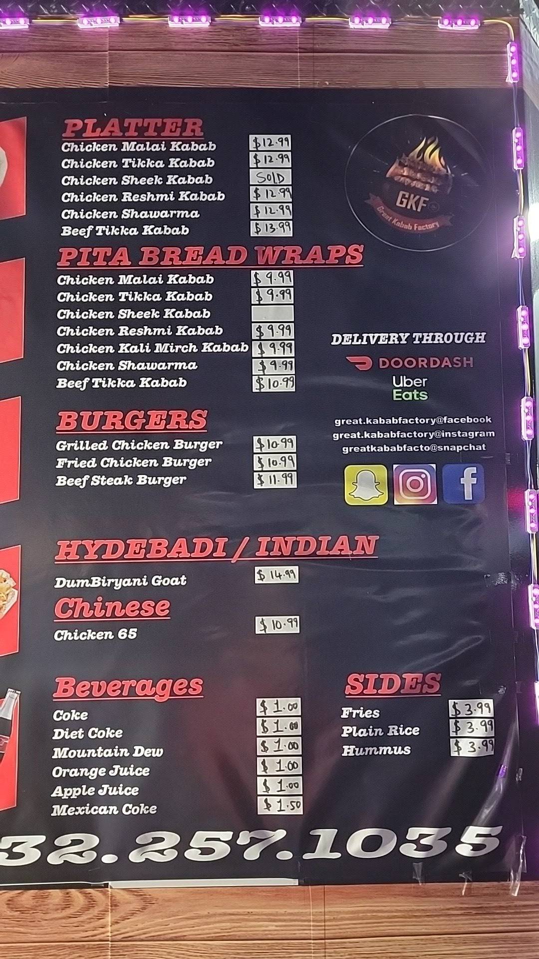 Carta del restaurante Great Kabab Factory (Food Truck), Conroe