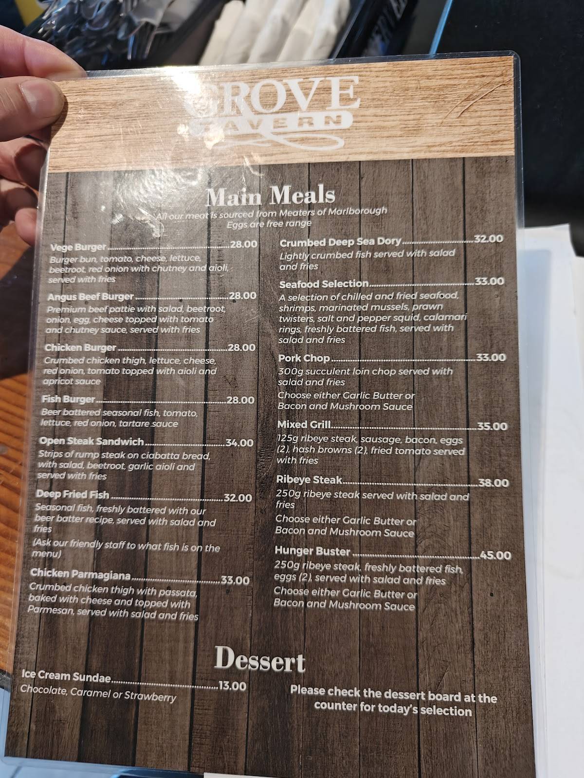 Menu at Grove Tavern restaurant, Blenheim