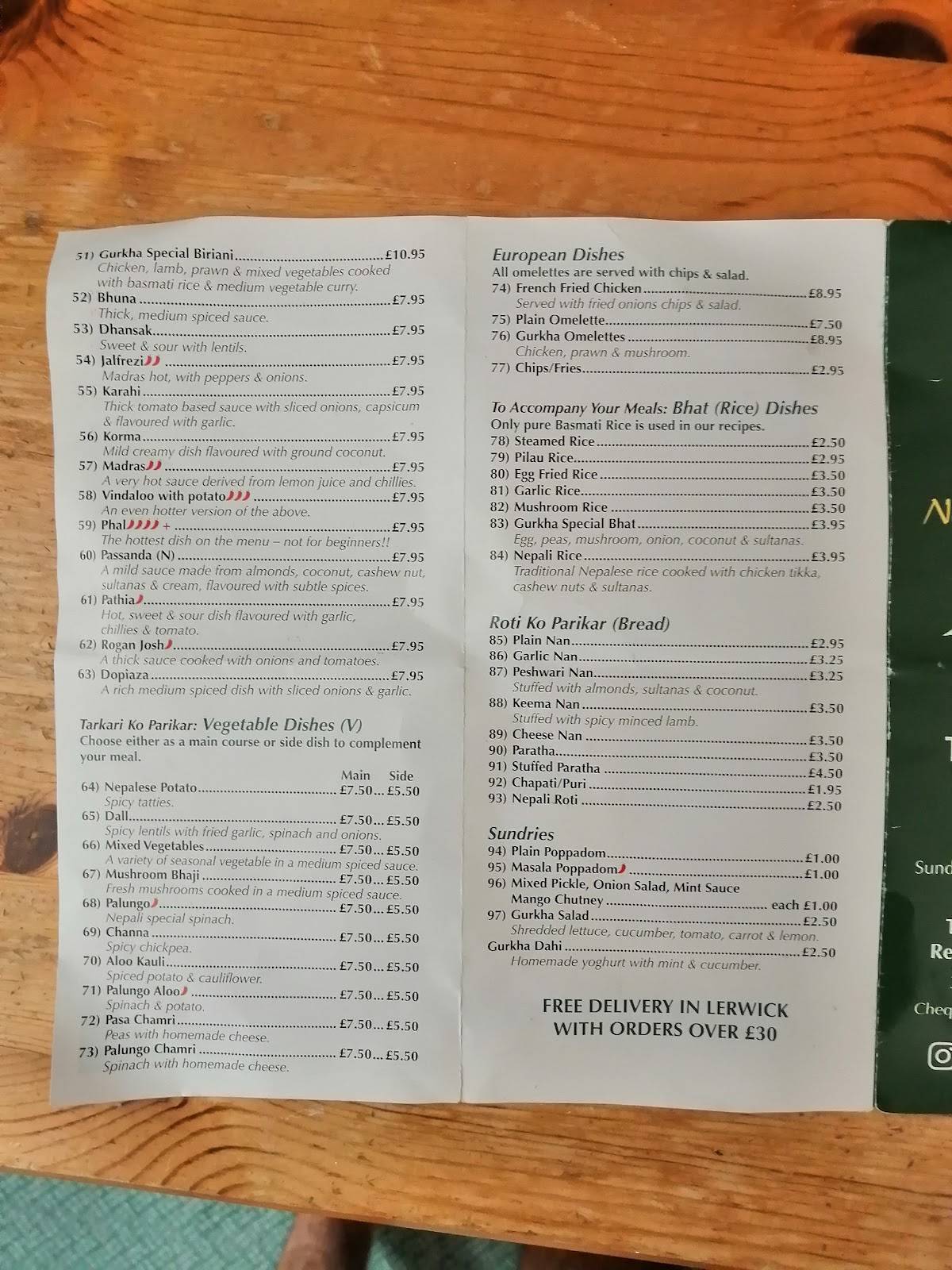 Menu at Gurkha Kitchen restaurant, Lerwick