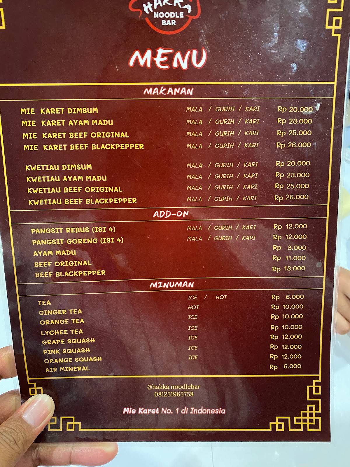 Menu at Hakka Noodle Bar, Malang