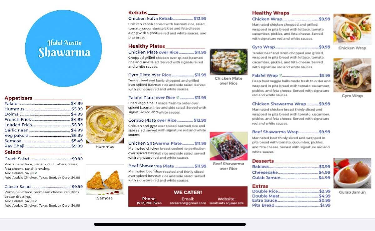 Menu at Halal Austin Shawarma restaurant, Austin
