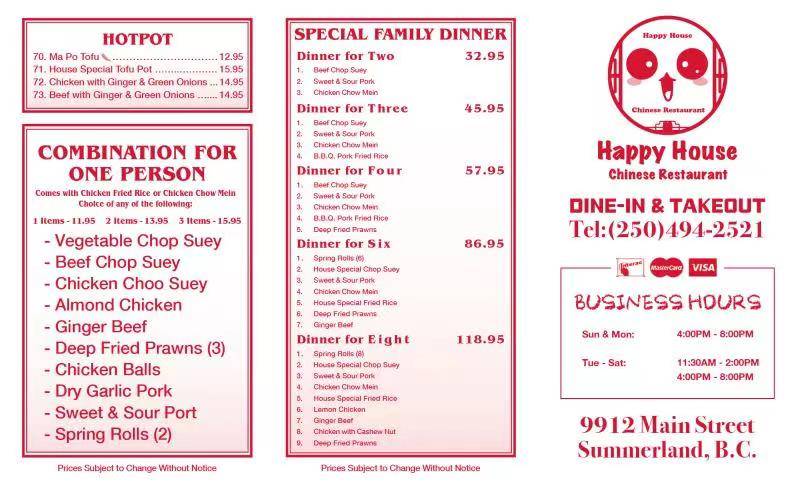 Menu at Happy House Chinese Restaurant, Summerland