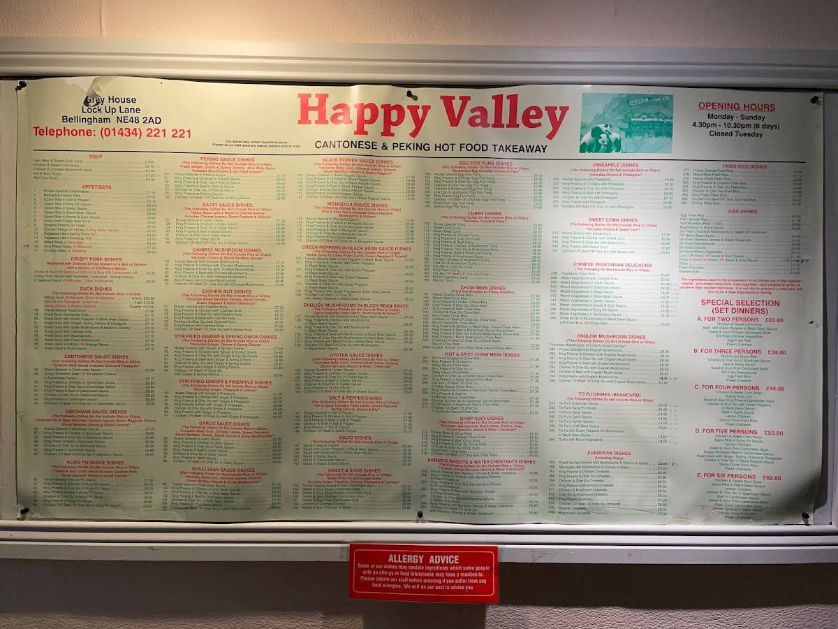 Menu at Happy Valley restaurant, Bellingham