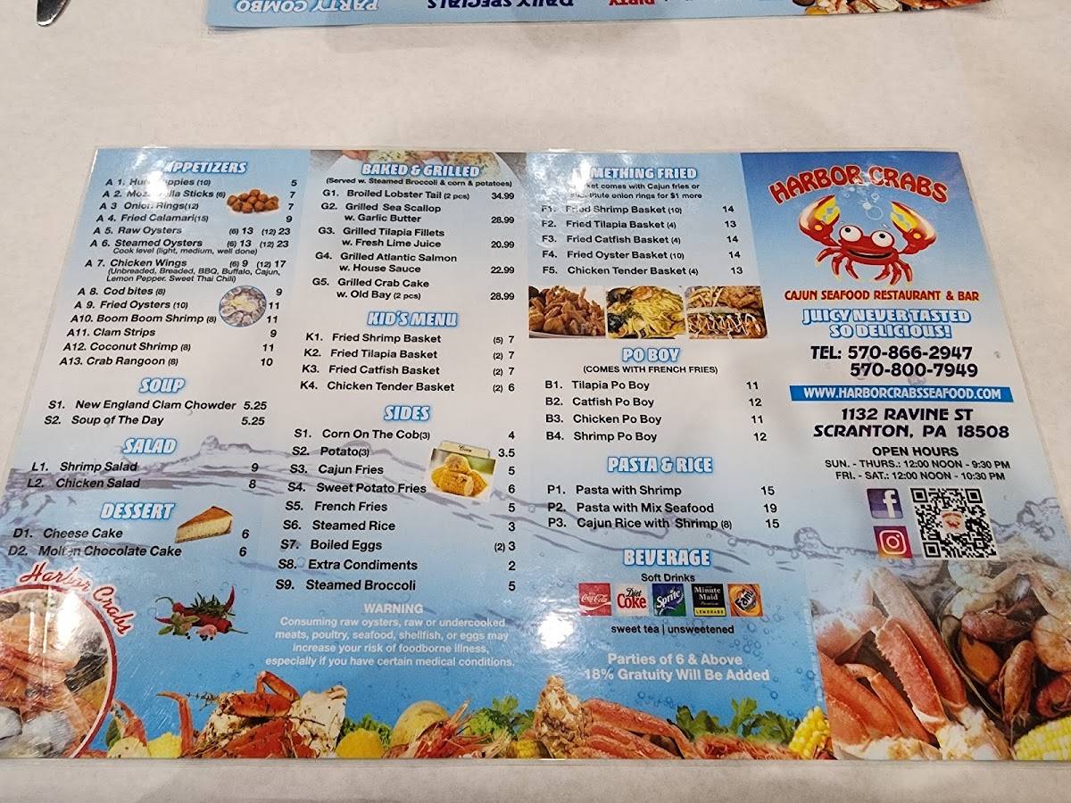 Menu at Harbor Crabs restaurant, Dickson City, 1132 Ravine St