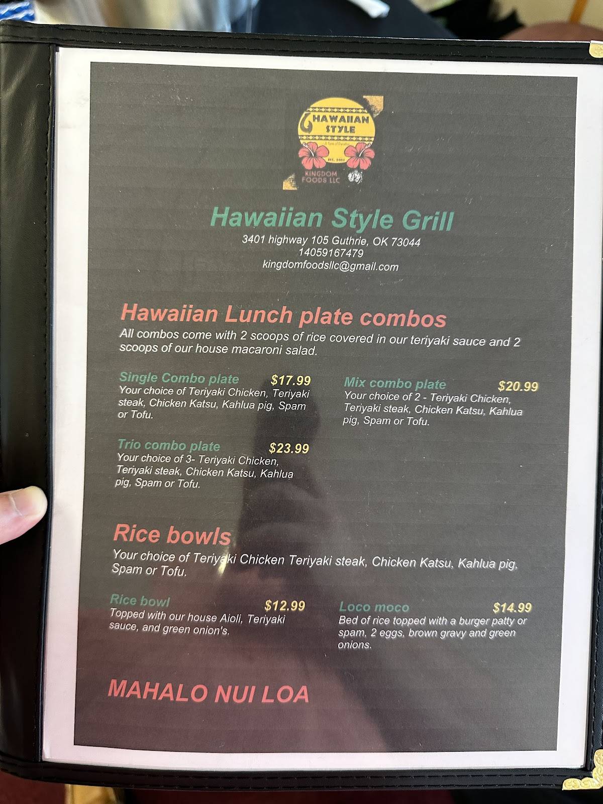 Menu at Hawaiian Style Grill restaurant, Guthrie