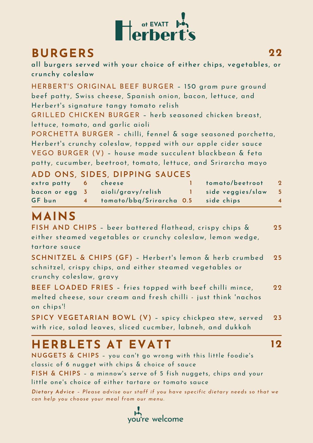Menu at Herbert's at Evatt restaurant, Evatt