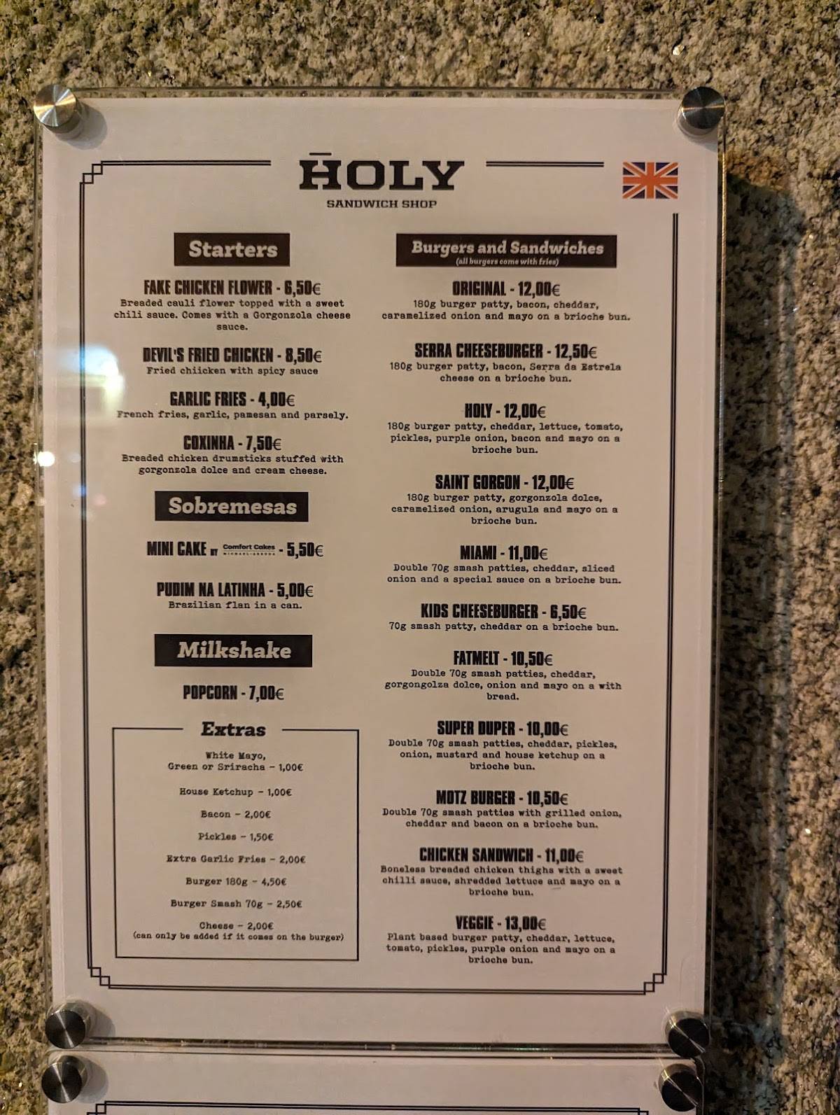 Menu em Holy Sandwich Shop restaurante, Porto