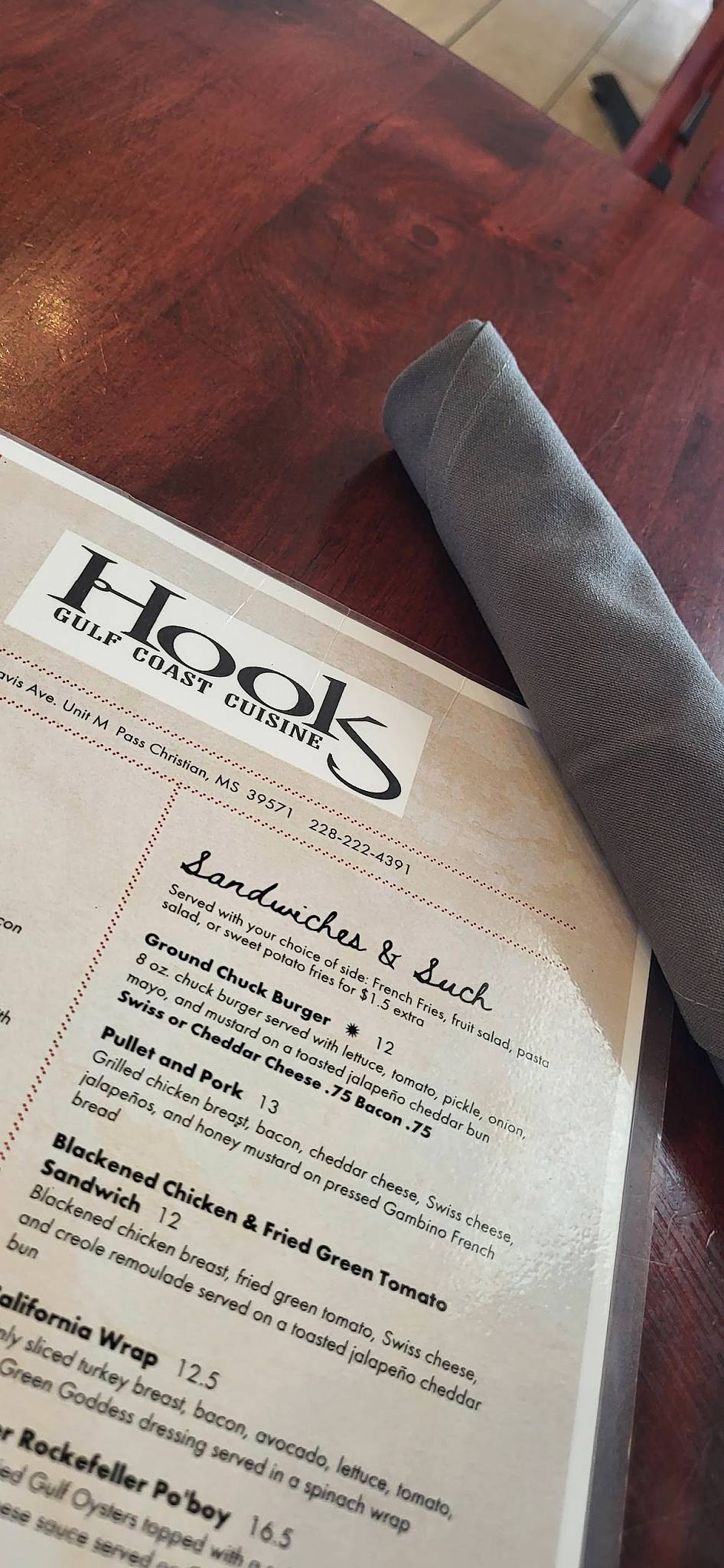 Menu at Hook Gulf Coast Cuisine restaurant, Pass Christian