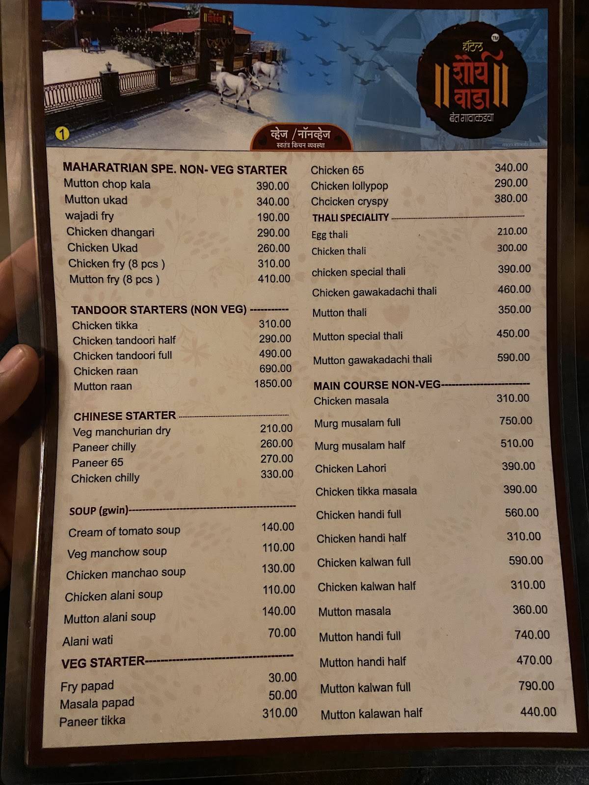 Menu at Hotel Shauryawada, Pune