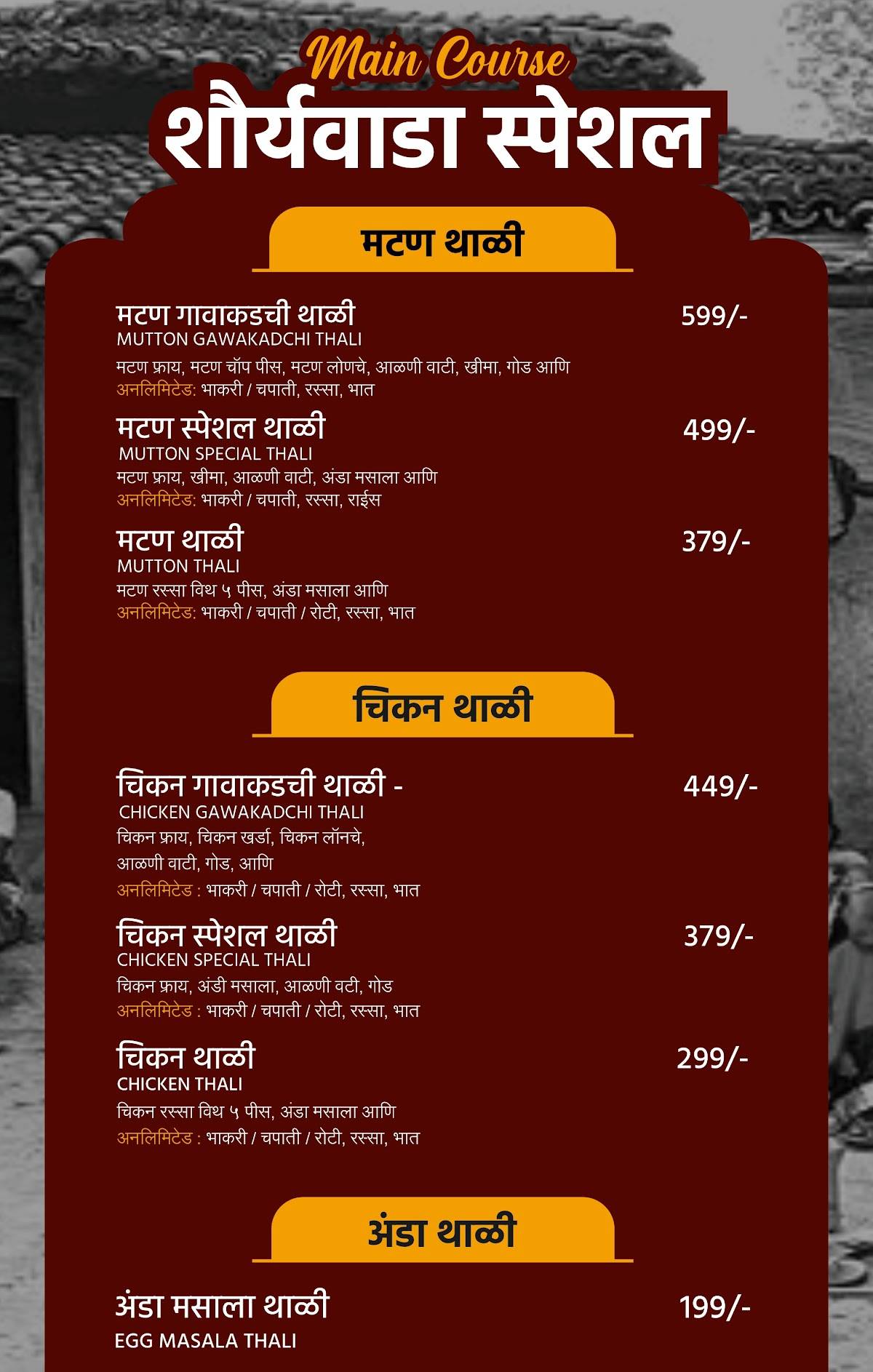 Menu at Hotel Shauryawada, Pune