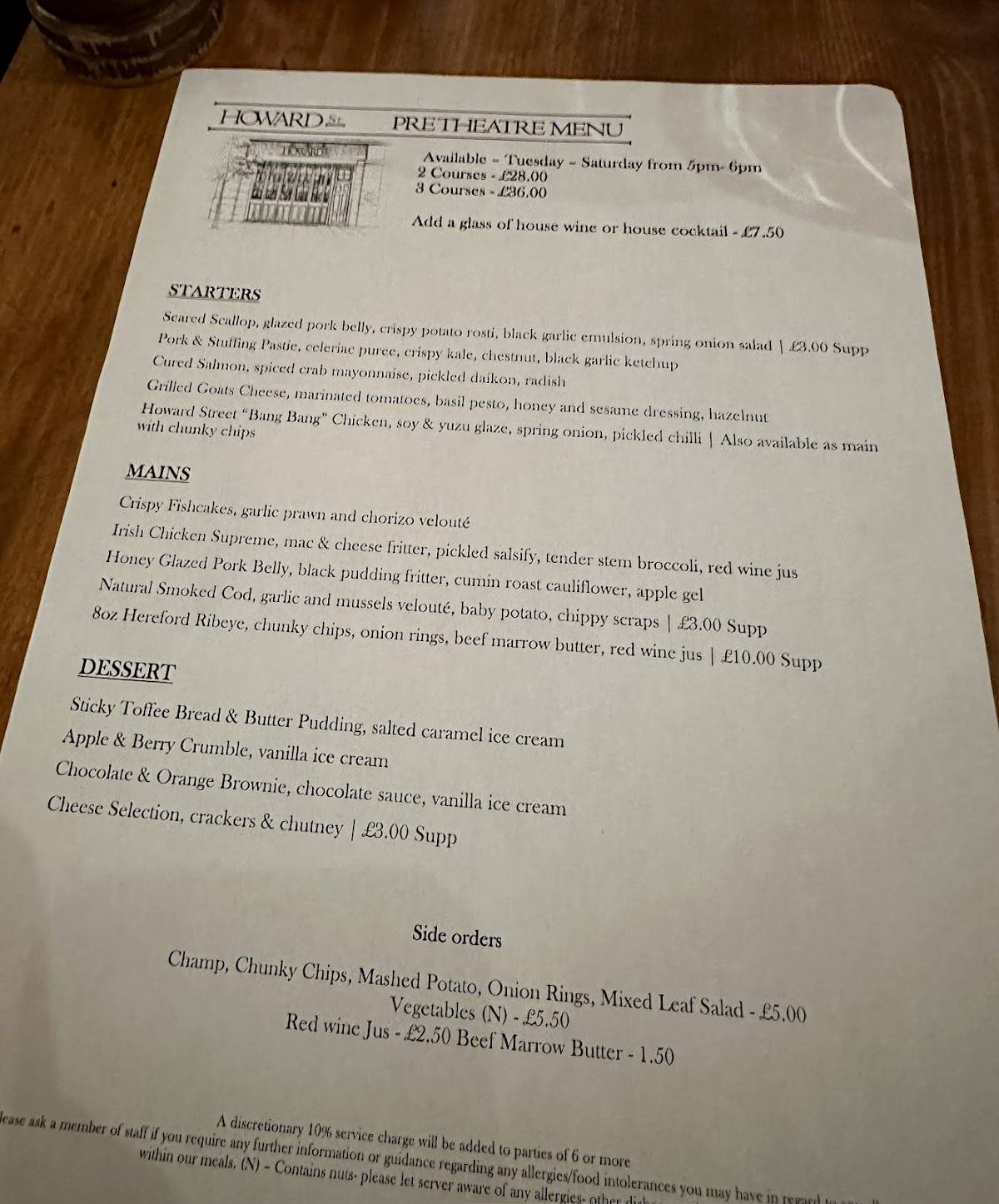 Menu at Howard Street restaurant, Belfast