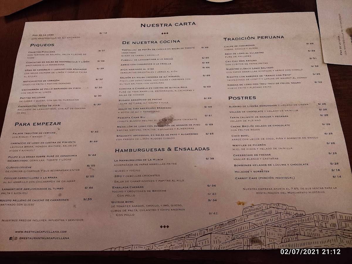 Carta de Restaurant Huaca Pucllana, Lima