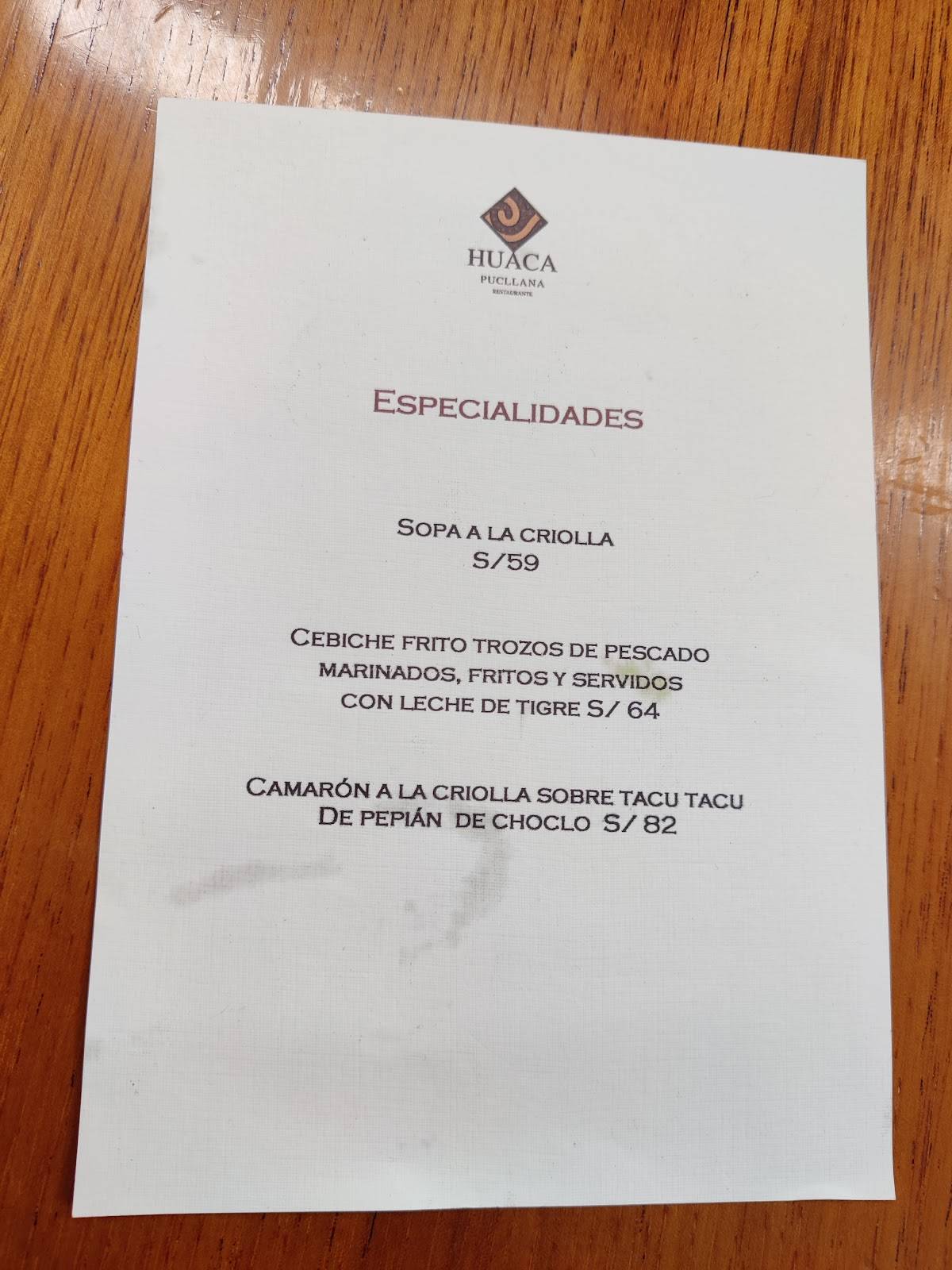 Carta de Restaurant Huaca Pucllana, Lima