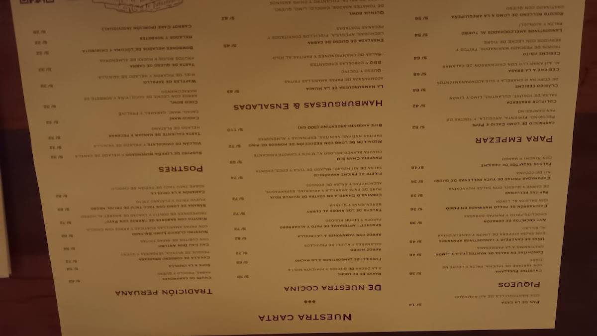 Carta de Restaurant Huaca Pucllana, Lima