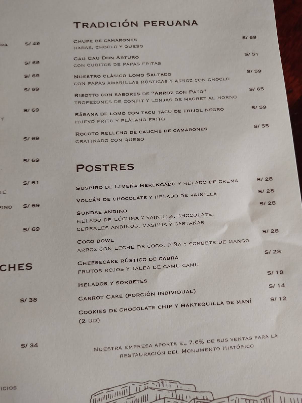 Carta de Restaurant Huaca Pucllana, Lima